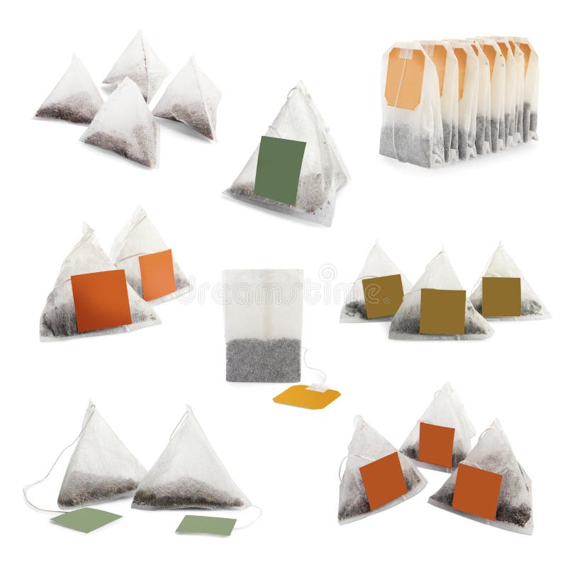 Set with Different Tea Bags on White Background Stock Photo - Image of ...