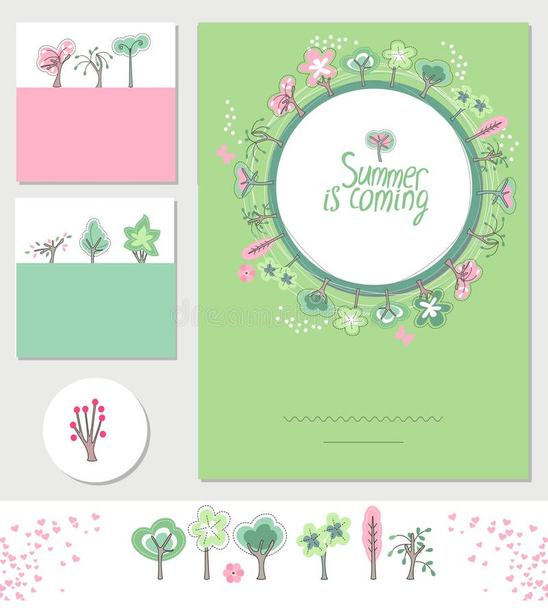Set with Different Templates with Spring and Summer Blossoming Trees ...