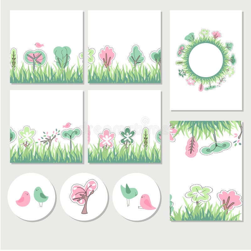 Set with Different Templates with Spring and Summer Blossoming Trees ...