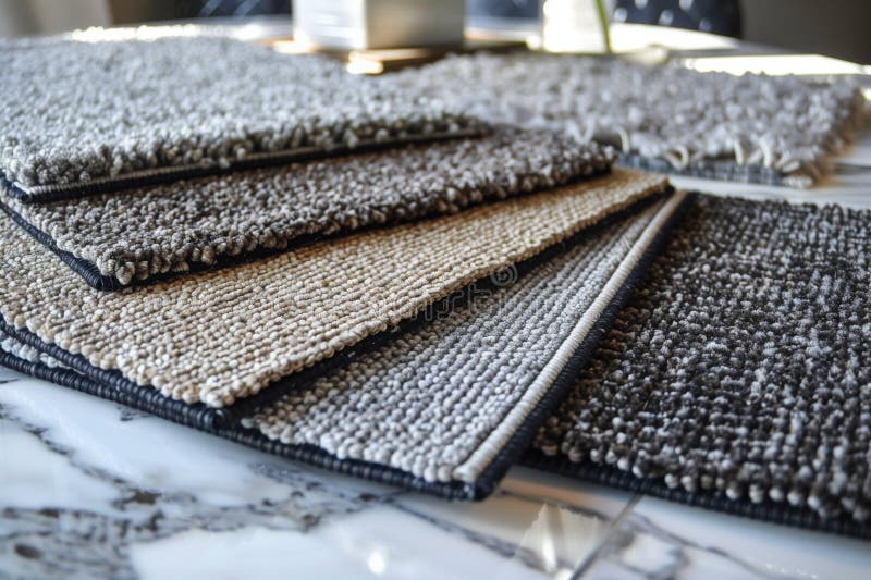 Set of Different Textures Carpet Samples on Table Stock Photo - Image ...