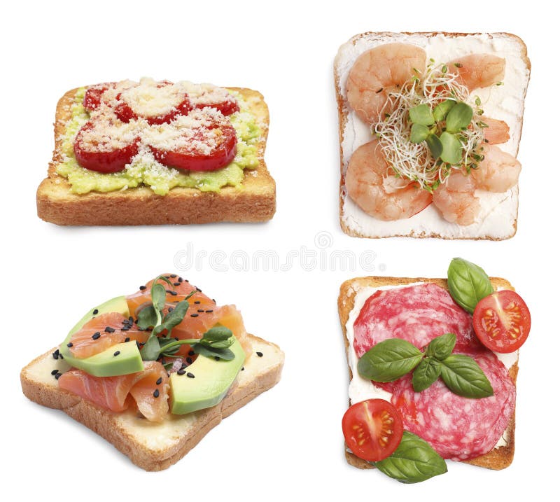Set of Different Toasts on White Background Stock Image - Image of cook ...
