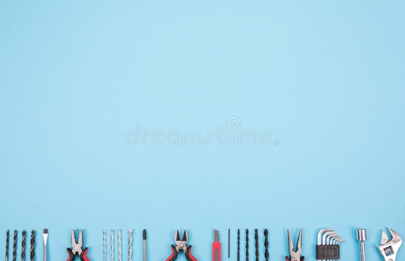Set of Different Tools on Blue Background Stock Image - Image of ...