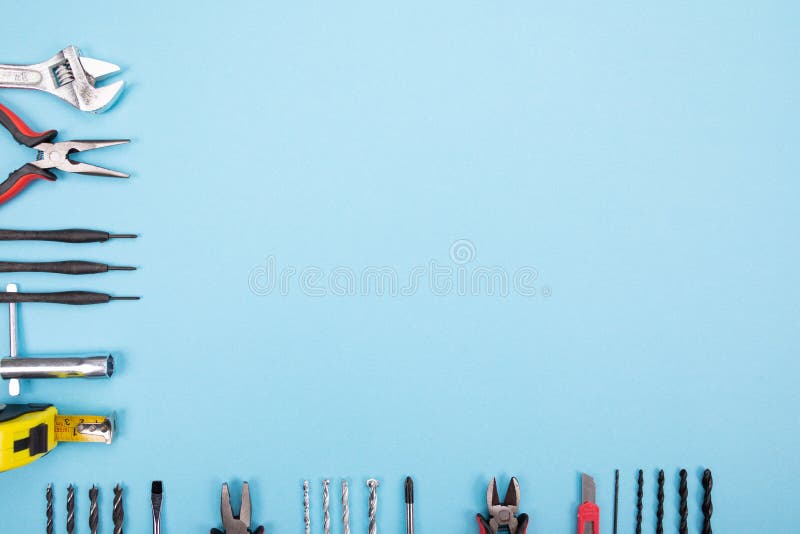 Set Of Different Tools On Blue Background Stock Image - Image of ...