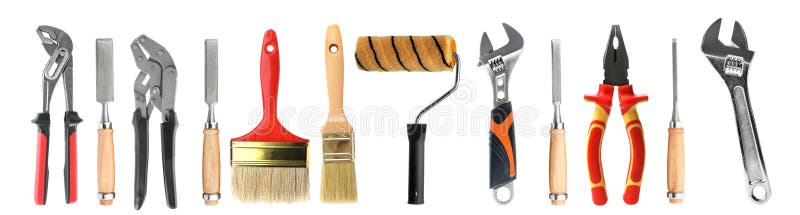 Set with Different Tools on White Background. Banner Design Stock Photo ...