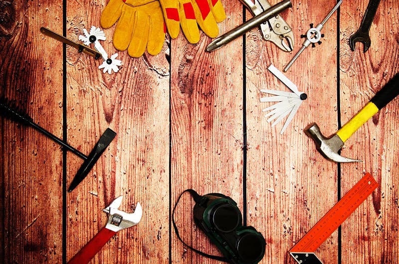 Top View Close Up of Variety Handy Tools on Wood Background with Copy ...