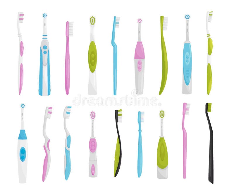 Set of Different Toothbrushes. Plastic Electrical Automatic Toothbrush ...
