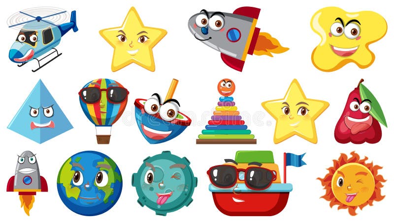 Set of Different Toy Objects with Smiley Faces Stock Vector ...