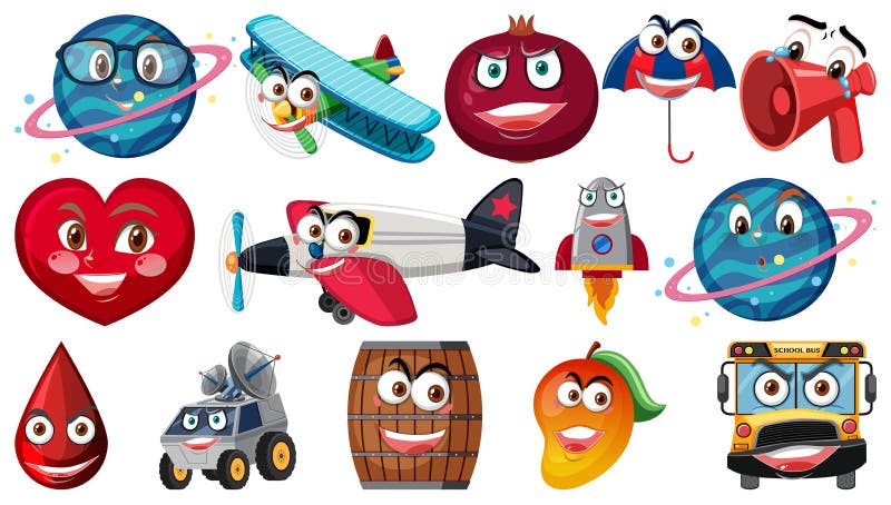 Set of Different Toy Objects with Smiley Faces Stock Vector ...