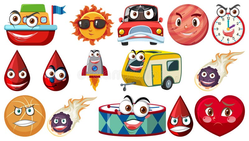 Set of Different Toy Objects with Smiley Faces Stock Vector ...