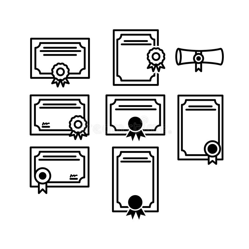 Set of Different Types of Certificates Icons Black and White Line Style ...