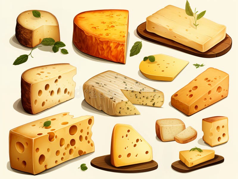 Set of Different Types of Cheese. Cartoon Style. Illustrations on a ...