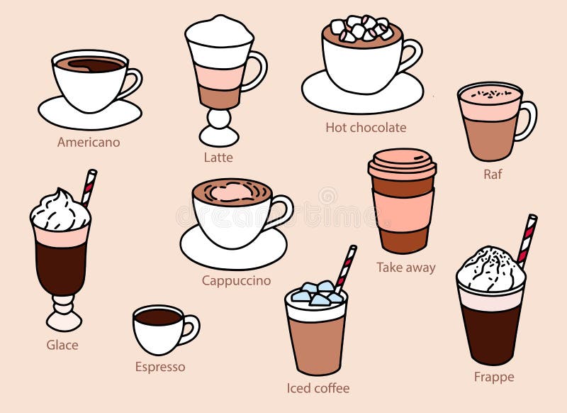Set of Different Types Coffee. Menu for Cafe. Simple Drawing Stock ...