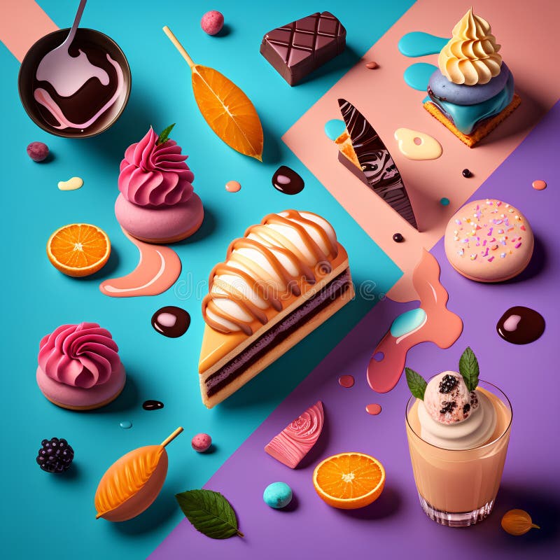 Set of Different Types of Desserts on a Colored Background. 3d ...