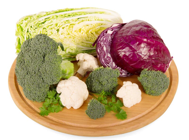 Set Different Types Fresh Cabbage on Round Wooden Board. Stock Image ...