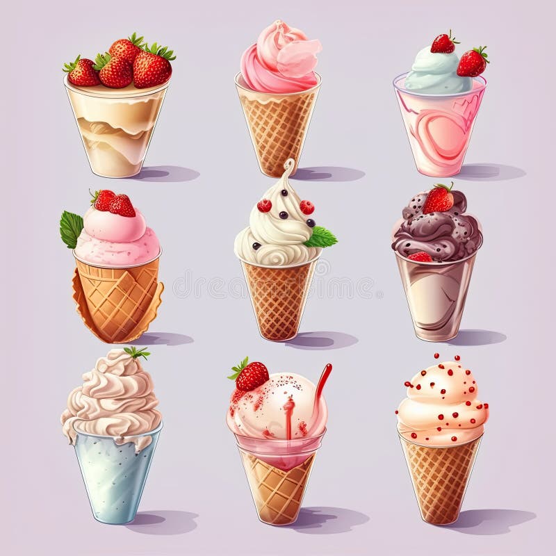 Set of Different Types of Ice Cream,Vanilla Ice Cream in Waffle Cone,AI ...