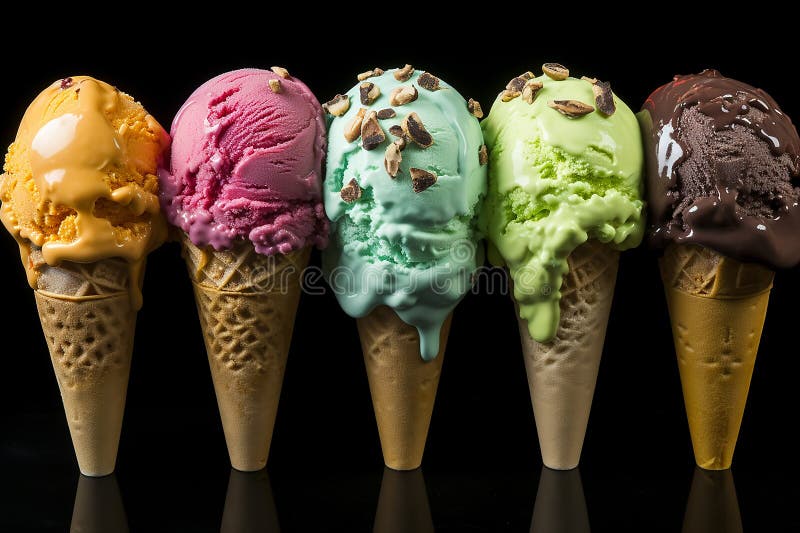 A Set of Different Types of Ice Cream in Waffle Cups Stock Illustration ...