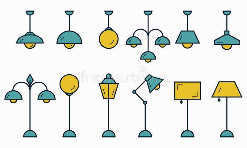 Set of Different Types Lamps Illustration Vector. Ceiling Lamp, Table ...