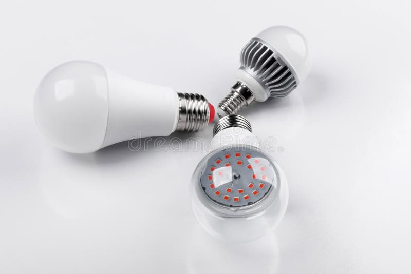 Set with Different Types of LED Bulbs on White Background Stock Photo ...