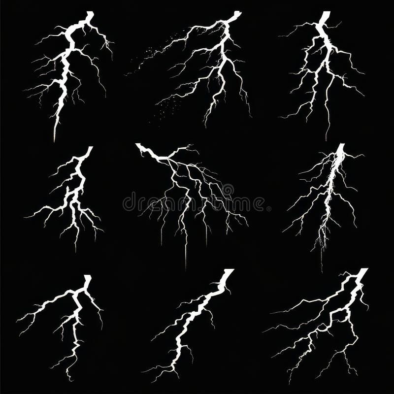 Set of Different Types of Lightning on Black Background. Vector ...