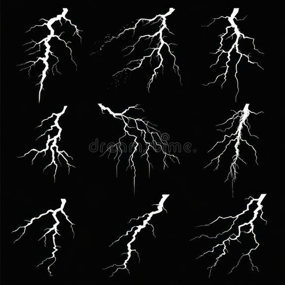 Set of Different Types of Lightning on Black Background. Vector ...