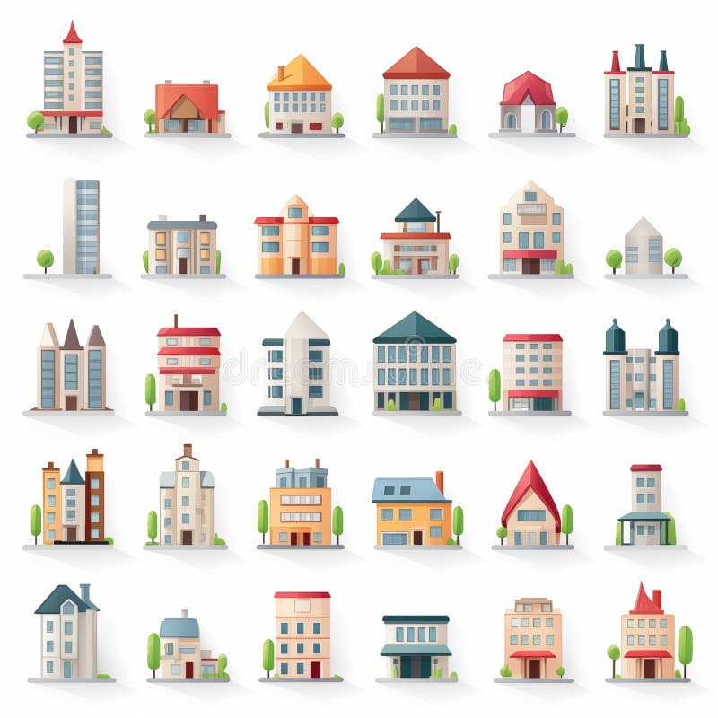 A Set of Different Types of Modern Building in a Variety of Shapes on a ...