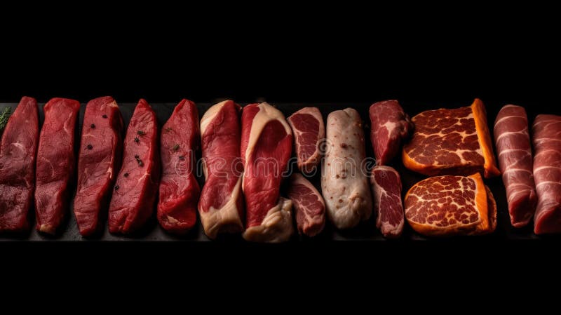 Set of Different Types of Raw Meat. Top View on the Table. Black ...