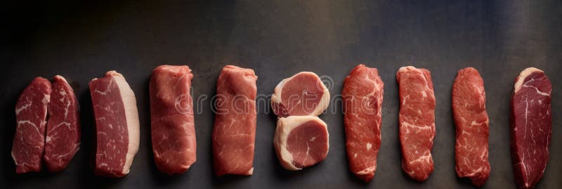 Set of Different Types of Raw Meat. Top View on the Table. Black ...