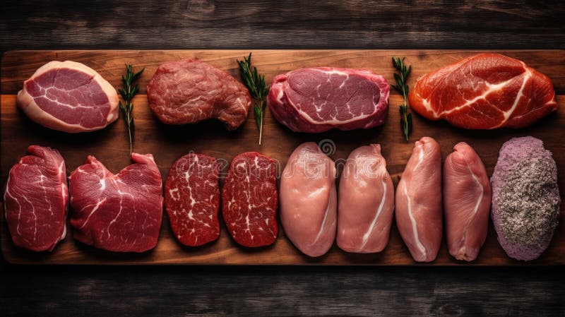 Set of Different Types of Raw Meat. Top View on the Table. Black ...