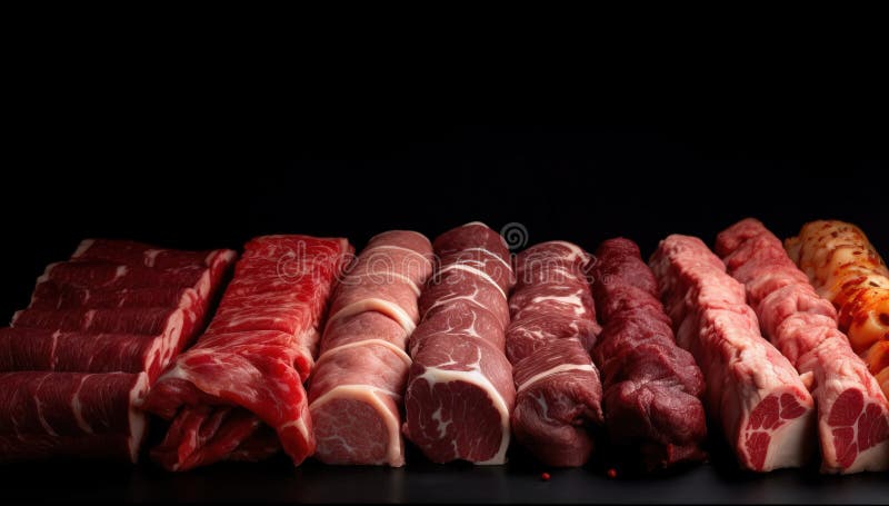 Set of Different Types of Raw Meat. Top View on the Table. Black ...