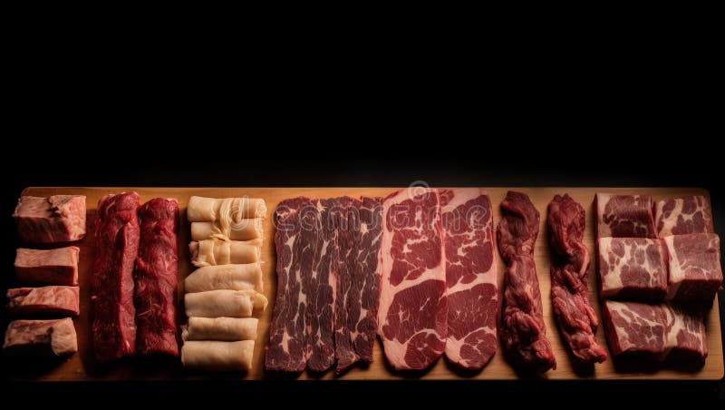 Set of Different Types of Raw Meat. Top View on the Table. Black ...