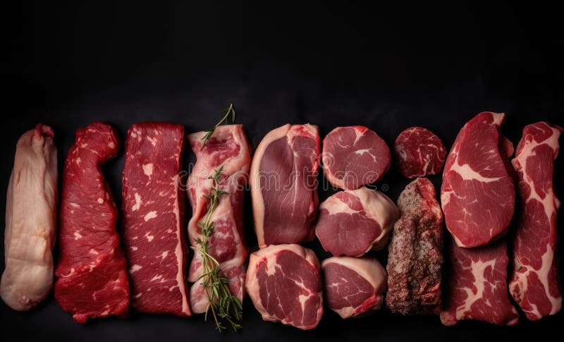 Set of Different Types of Raw Meat. Top View on the Table. Black ...