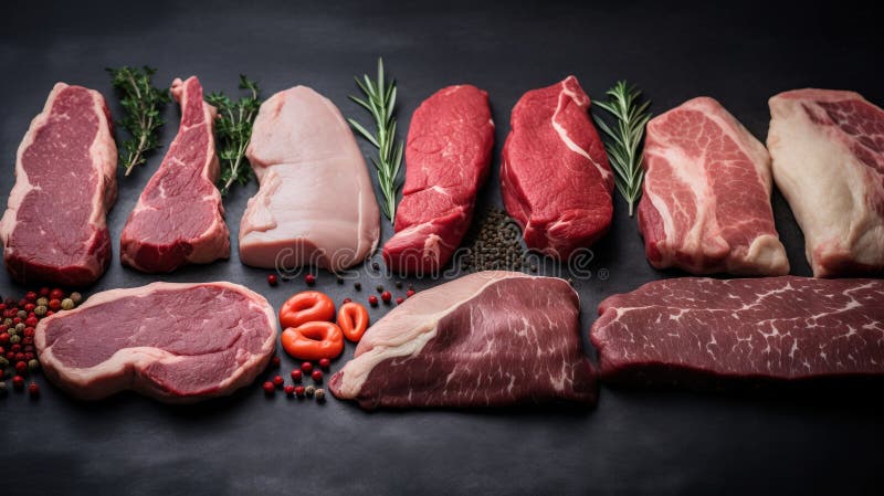 Set of Different Types of Raw Meat. Top View on the Table. Black ...