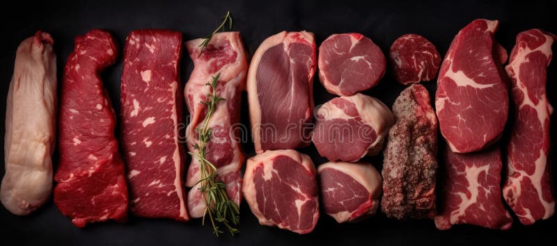 Set of Different Types of Raw Meat. Top View on the Table. Black ...