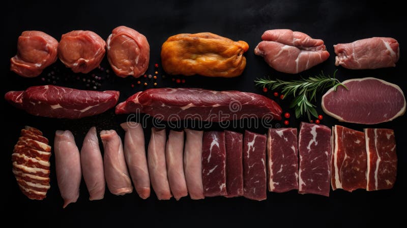 Set of Different Types of Raw Meat. Top View on the Table. Black ...