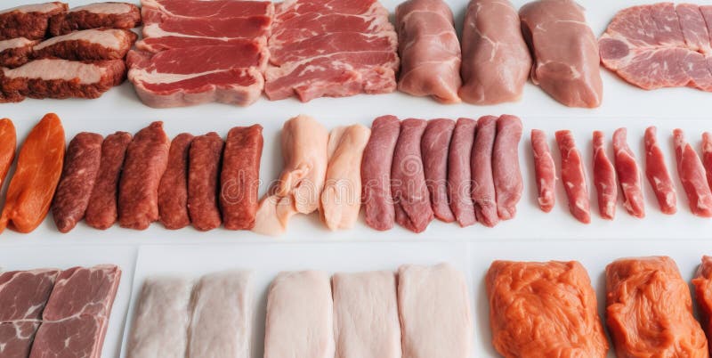 Set of Different Types of Raw Meat. Top View on the Table. Black ...