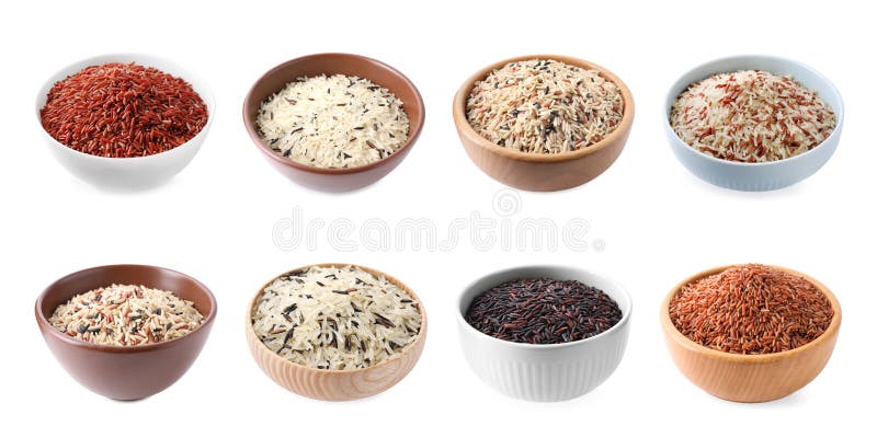 Set with Different Types of Rice in Bowls on Background. Banner Design ...