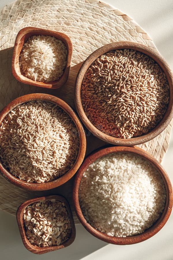 Set of Different Types of Rice and Cereals in Wooden Bowls Stock Image ...
