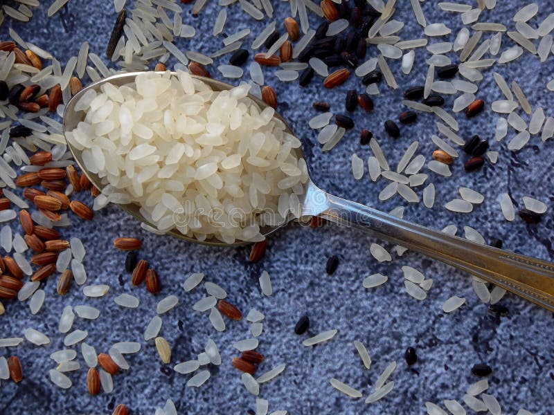 Set of Different Types Rice on Grey Background: White Glutinous, Black ...