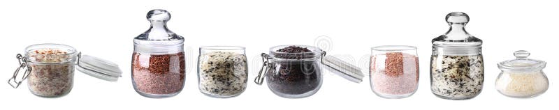 Set with Different Types of Rice in Jars on Background. Banner Design ...