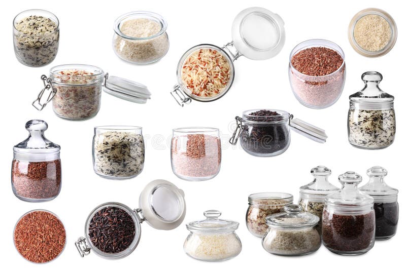 Set with Different Types of Rice in Jars on Background Stock Image ...