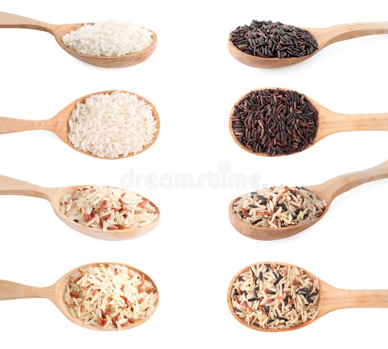 Set with Different Types of Rice in Spoons on Background Stock Image ... Set with Different Types of Rice in Spoons on Background Stock Image ...