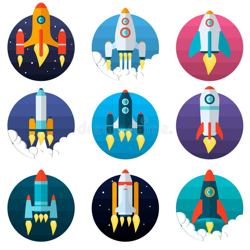 Set of Different Types of Rocket. Technological Ships. Cartoon Design ...