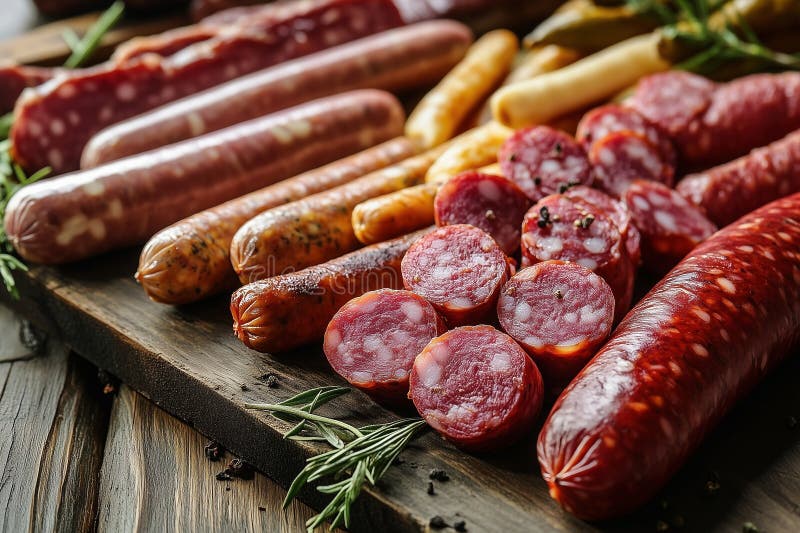 Set of Different Types of Sausages on a Wooden Plate Ai Photo Stock ...