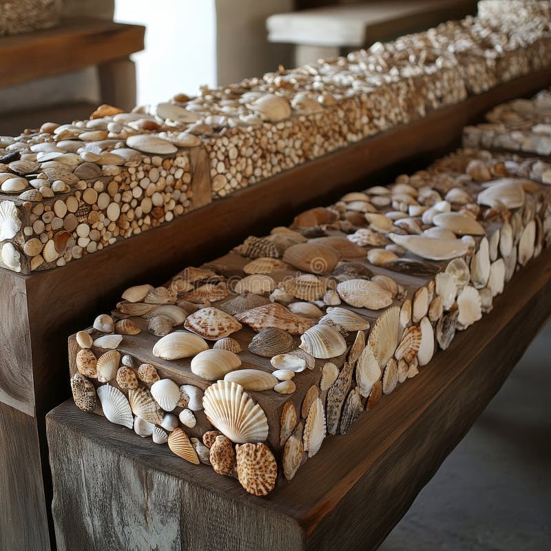Set of Different Types of Seashells and Pebbles on a Wooden Shelf Stock ...