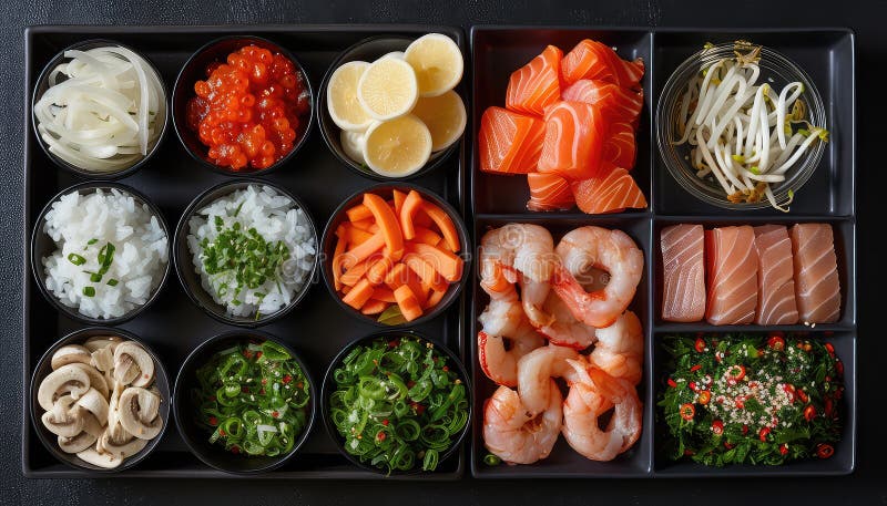Set of Different Types of Sushi Ingredients in Plastic Boxes. Top View ...