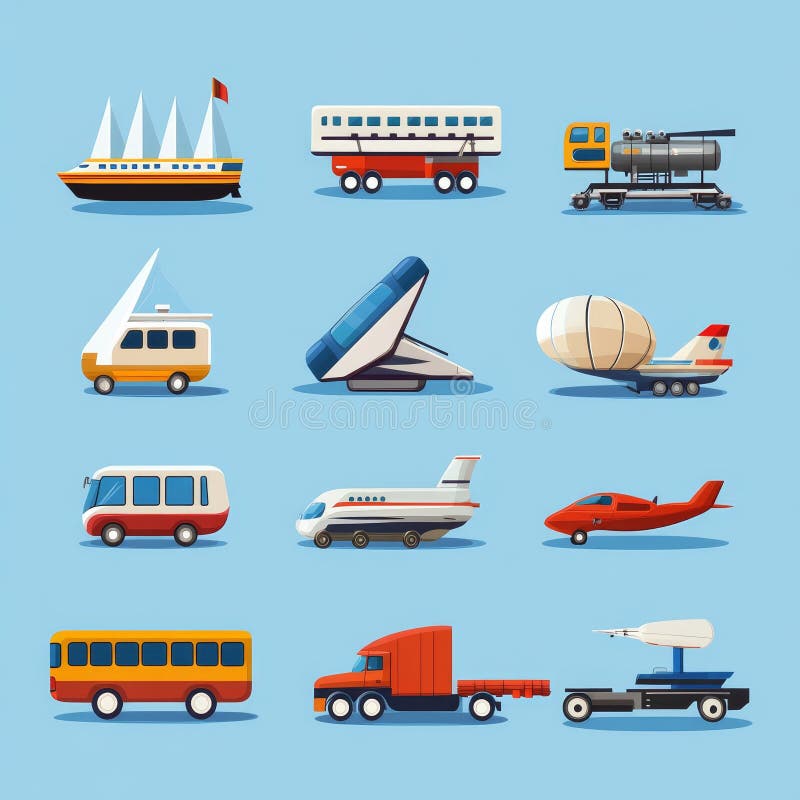 Set of Different Types of Transport on a Blue Background. Vector ...