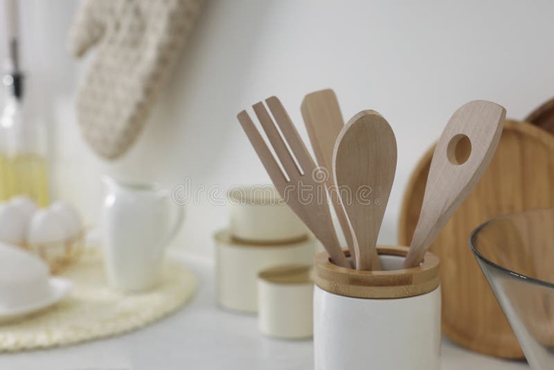 Set of Different Utensils on Countertop in Kitchen, Closeup. Space for ...
