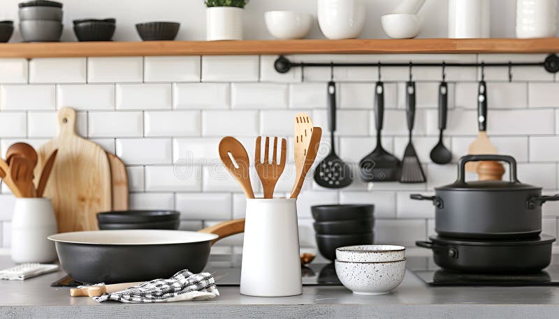 Set of Different Utensils and Dishes on Countertop in Kitchen Stock ...