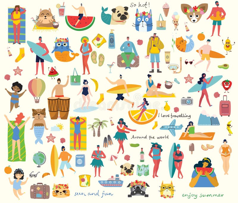 Set of Different Vector Summer People and Icons Stock Vector ...