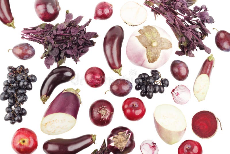 Set of Different Violet Raw Vegetables and Fruits, Isolated on White ...